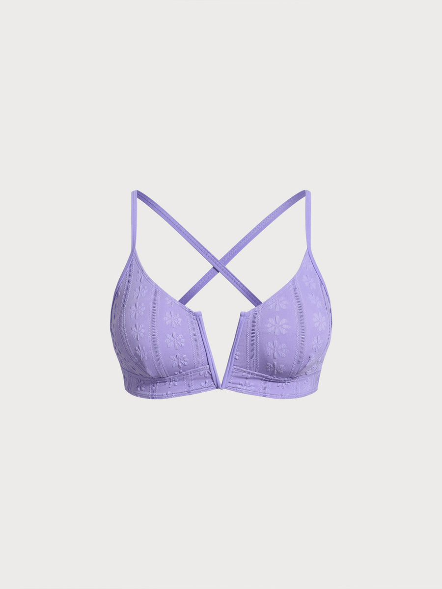 Purple Jacquard V Notch Plus Size Bikini Top & Reviews - Purple ...