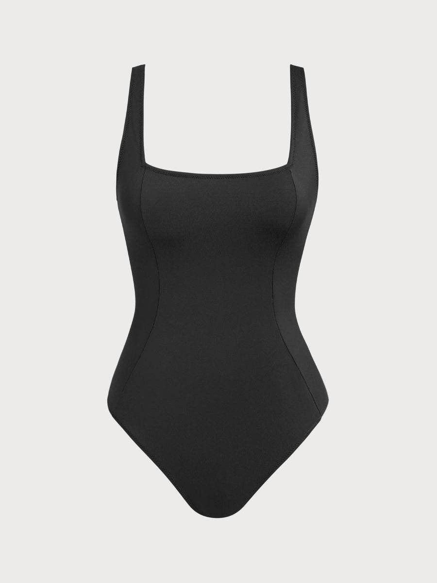 Black Square Neck Tummy Control One-Piece Swimsuit & Reviews - Black ...