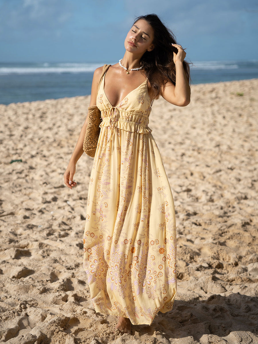Yellow Sleeveless Tie Beach Dress & Reviews - Yellow - Sustainable ...